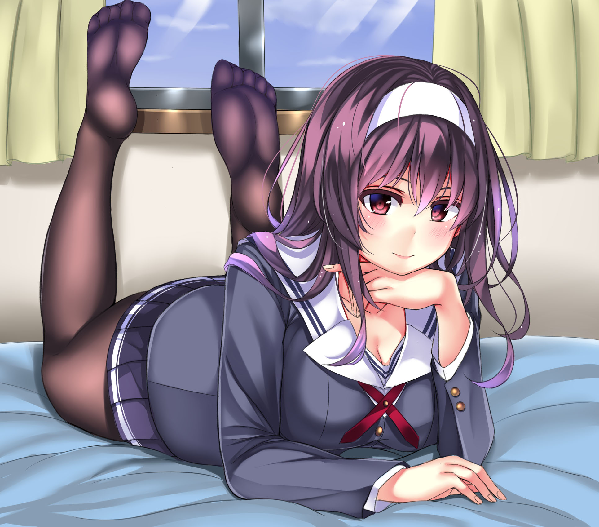Safebooru - 1girl bed beeyan black legwear blush breasts chin rest cleavage drapes hairband ...