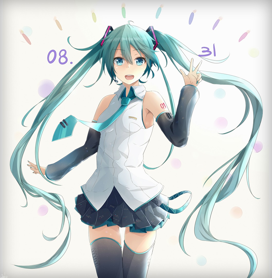 Safebooru - 1girl ahoge aqua eyes aqua hair detached sleeves hatsune miku headset jenson tw long ...