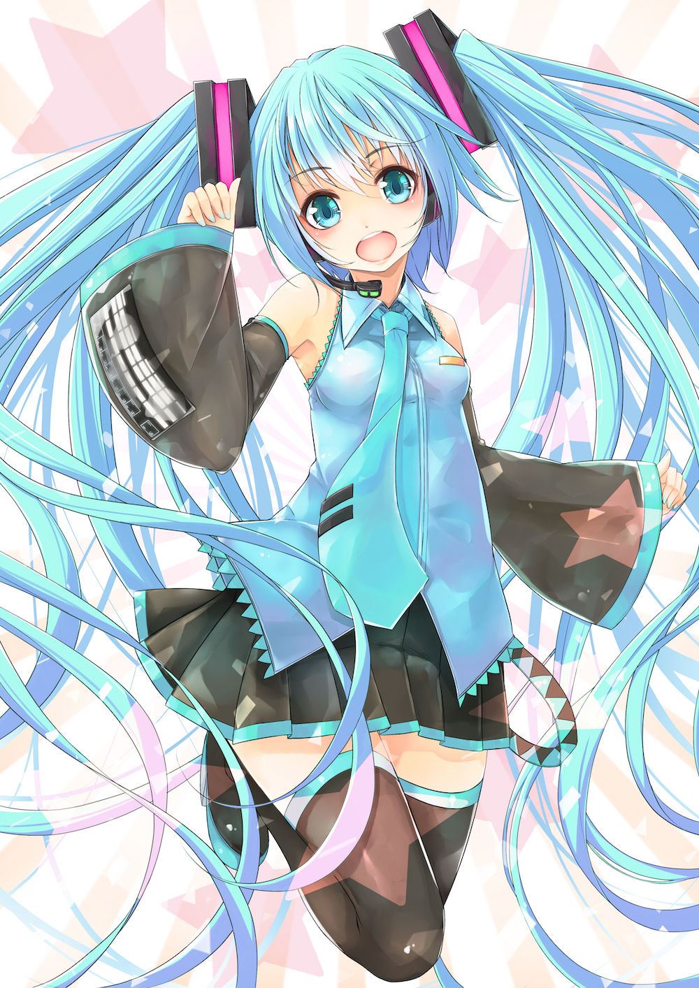 Safebooru - 1girl aqua eyes aqua hair boots detached sleeves hatsune miku headset highres long ...