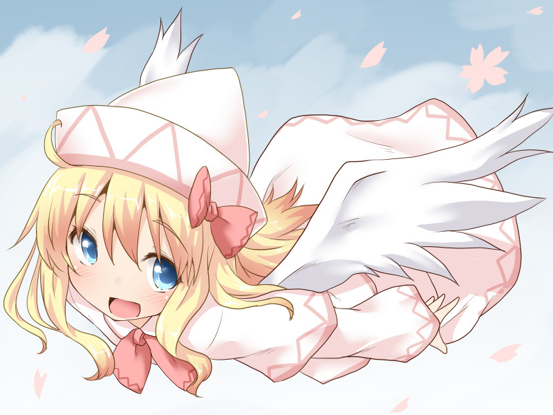 Safebooru - 1girl angel wings blonde hair blue eyes dress flying hat lily white natsu no koucha ...