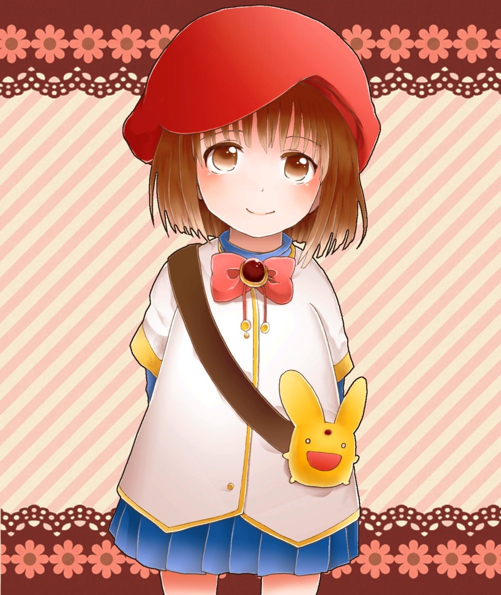 Safebooru - arle nadja arms behind back bag bow brown eyes brown hair child floral background ...