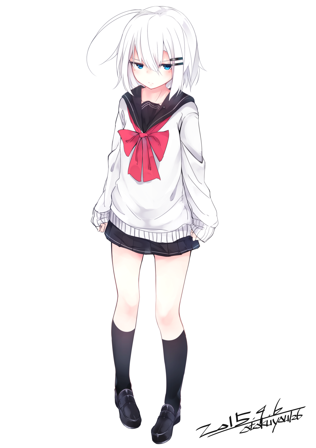 Safebooru - ahoge artist name black legwear black skirt blue eyes ...