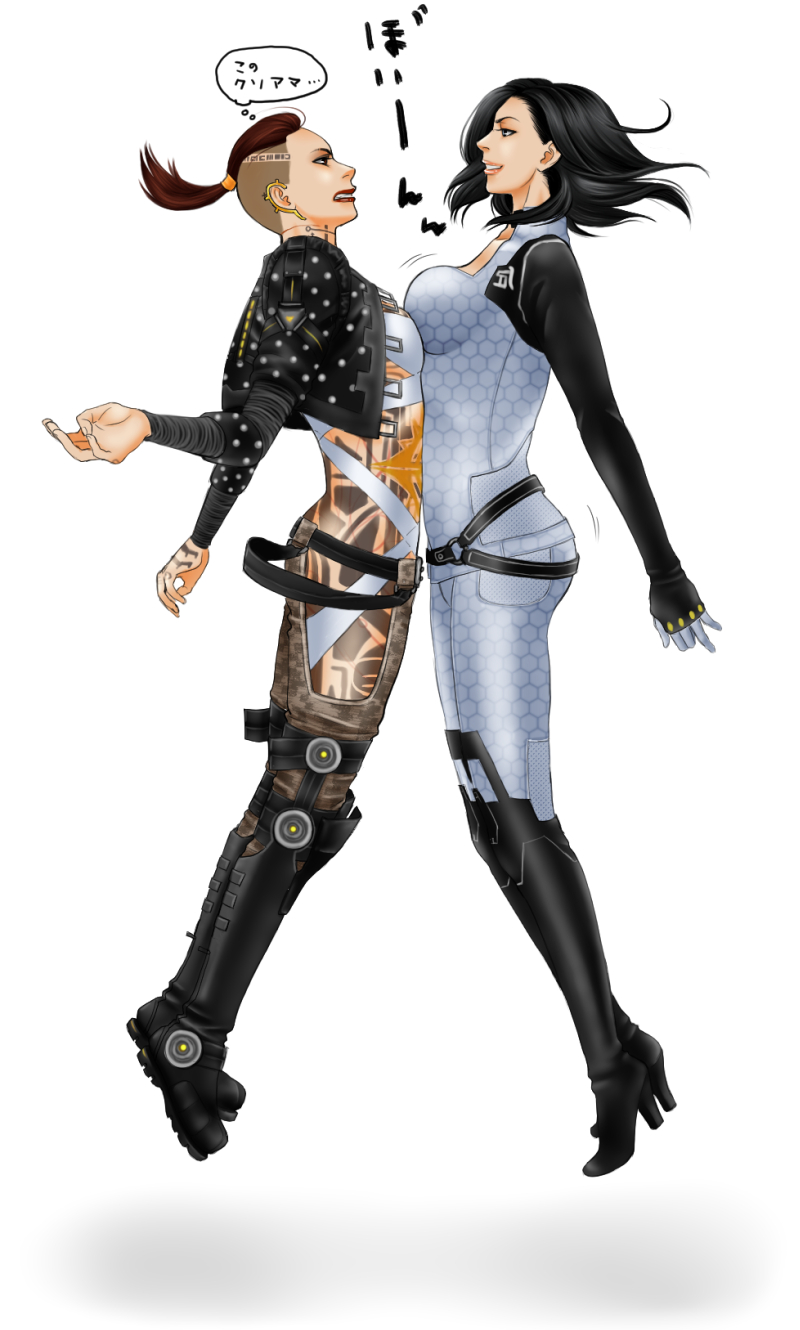 Safebooru - 2girls asymmetrical docking black hair bodysuit boots breast press brown hair ...