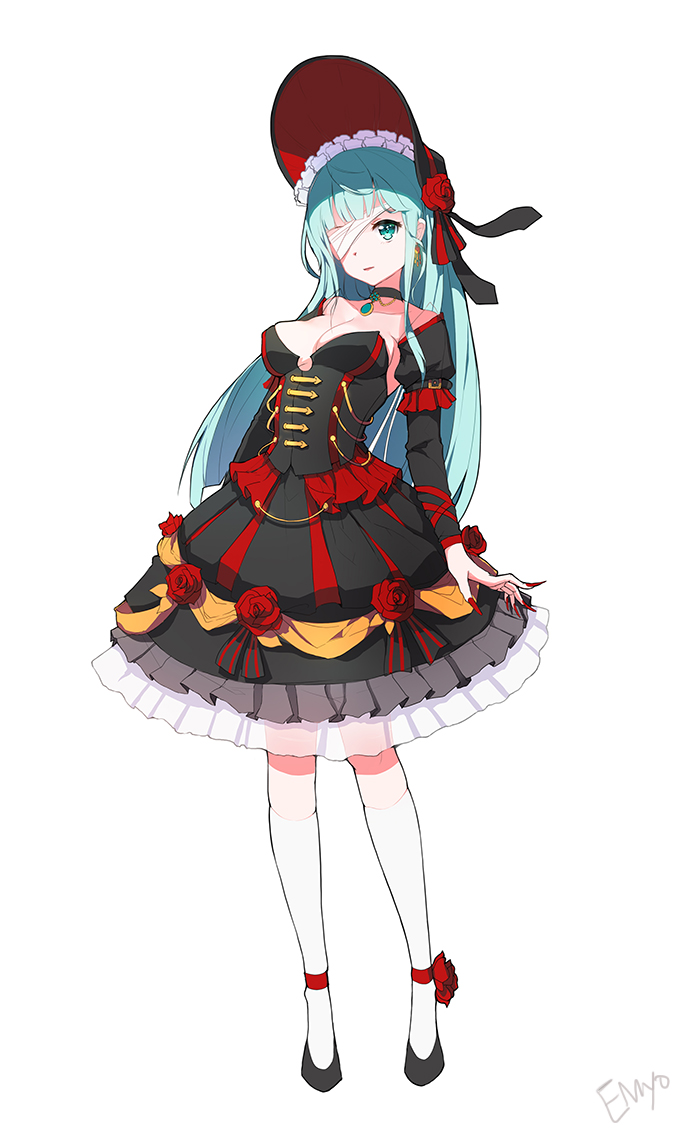 Safebooru - 1girl aqua eyes aqua hair bandage over one eye bangs blunt bangs bonnet breasts ...