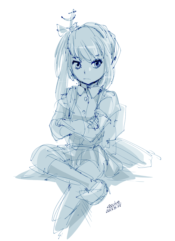 Safebooru - 1girl 2015 4suke artist name bangs blue bow crossed arms crossed legs dated dress ...