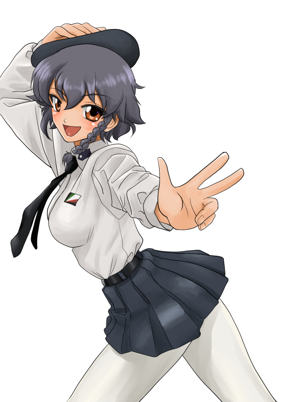 Safebooru - 1girl belt blush breasts brown eyes girls und panzer grey hair hat holding holding ...