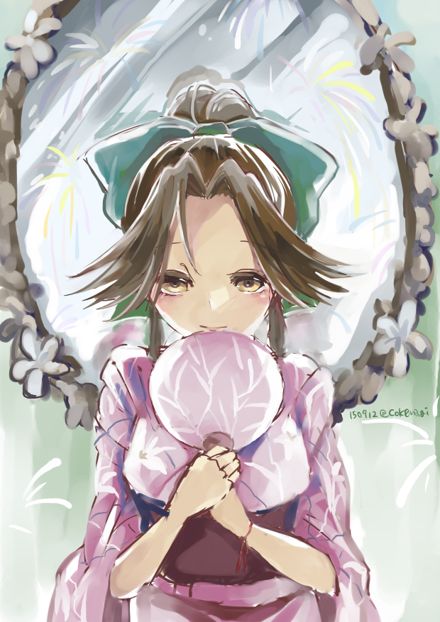 Safebooru - 1girl blush bow brown eyes brown hair dated fan green bow ...