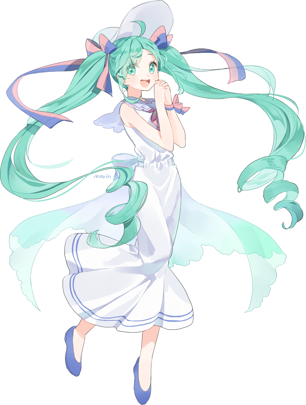 Safebooru - 1girl aqua eyes aqua hair artist name dress hair ribbon hat hatsune miku highres ...