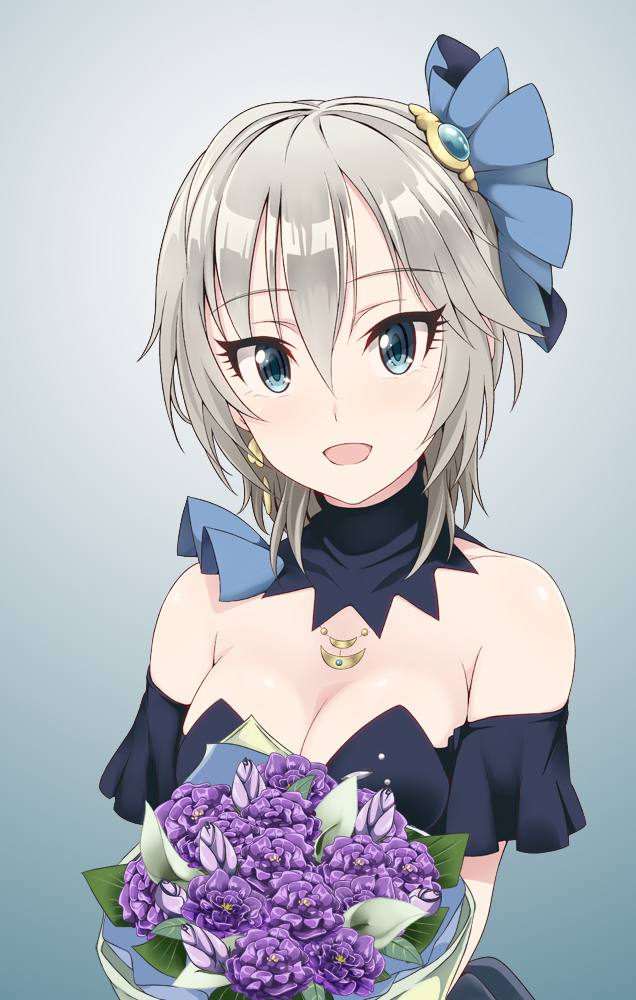 Safebooru - 1girl anastasia (idolmaster) blue eyes bouquet breasts dress flower hair ornament ...
