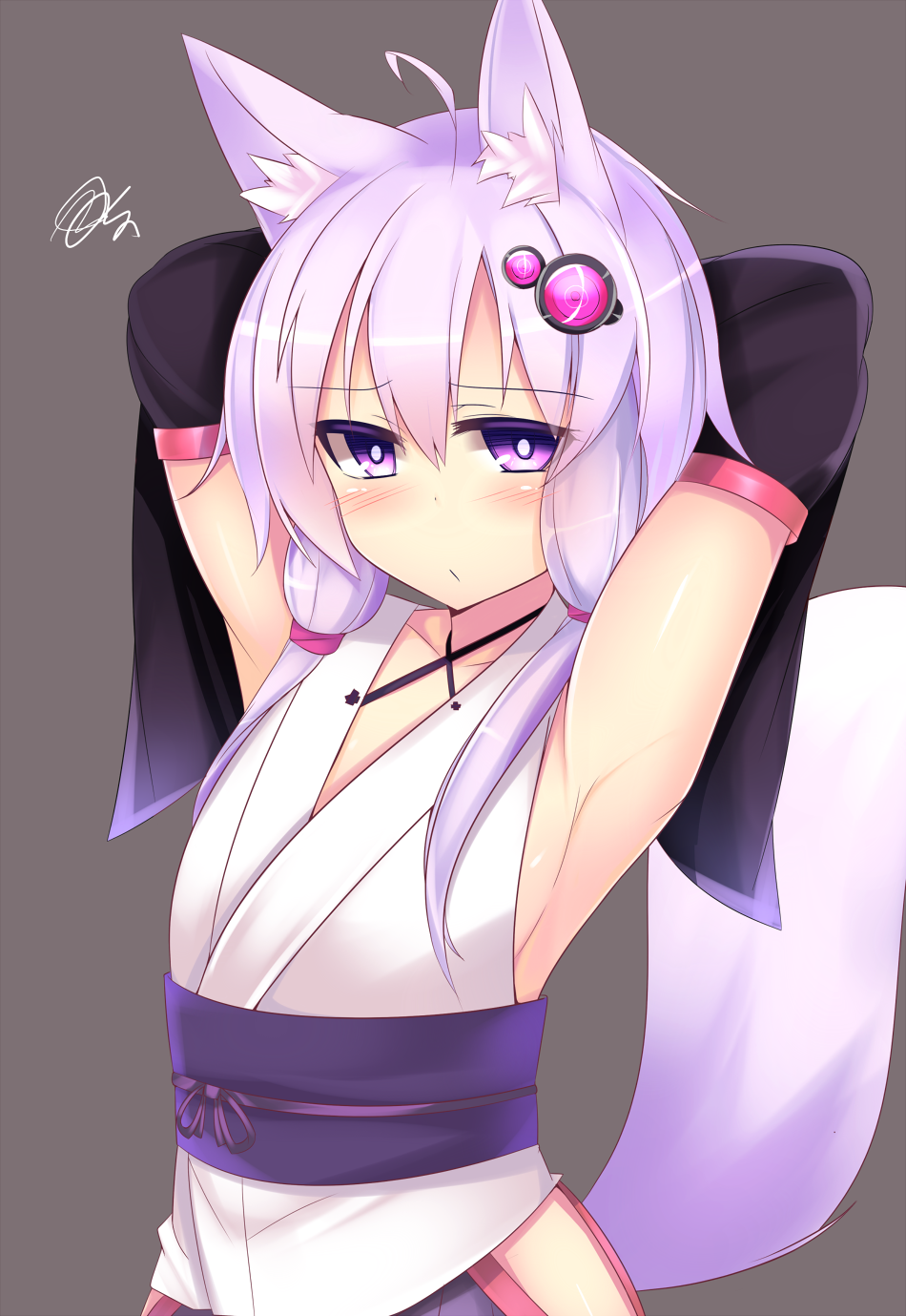 Safebooru - 1girl animal ears arms up detached sleeves fox ears fox tail highres kutan long hair ...