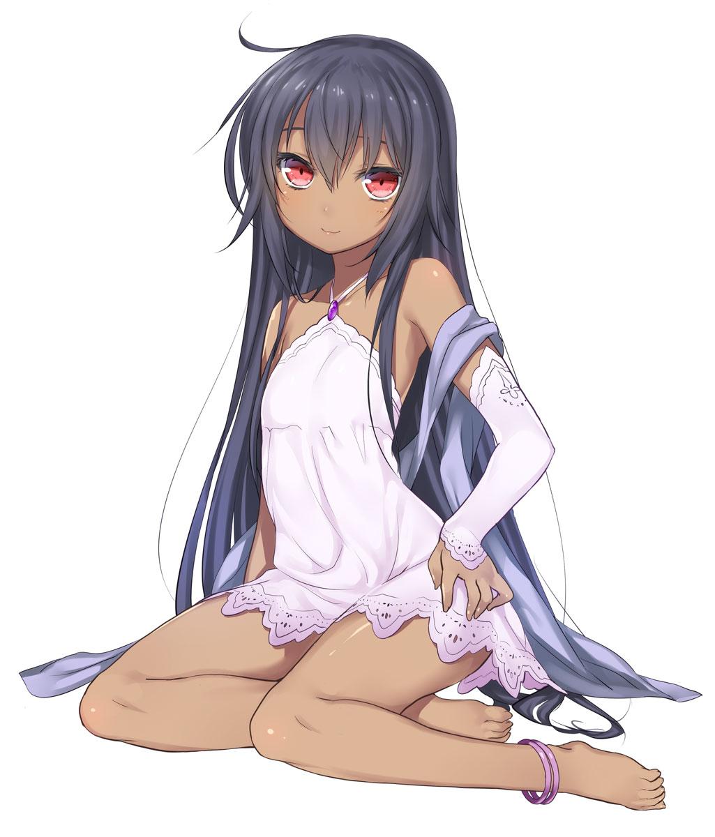 Safebooru - 1girl 47agdragon anklet bare shoulders barefoot black hair dark skin detached ...