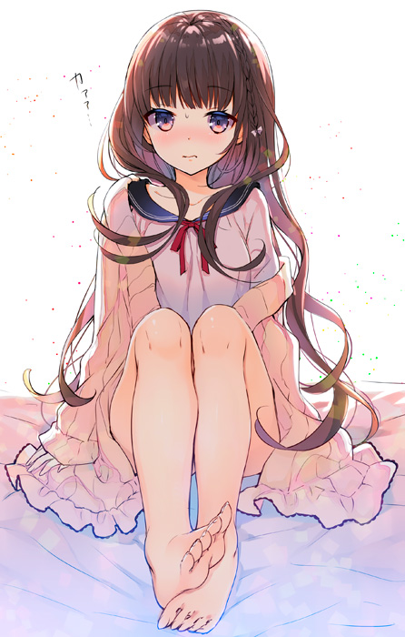 Safebooru - 1girl bare legs barefoot blue eyes blush brown hair long hair looking at viewer ...