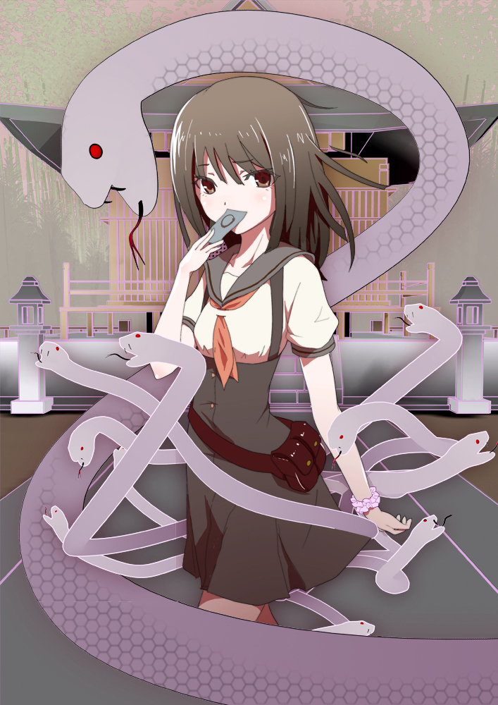Safebooru - bag bangs blunt bangs brown hair covering mouth monogatari ...