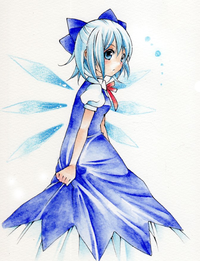 Safebooru - 1girl bad id blue eyes blue hair bow cirno dress hair bow ribbon sgawarananto short ...
