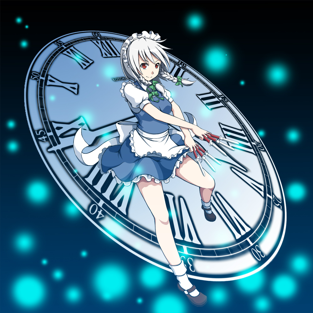 Safebooru - braid clock izayoi sakuya knife kotori (max) red eyes short ...