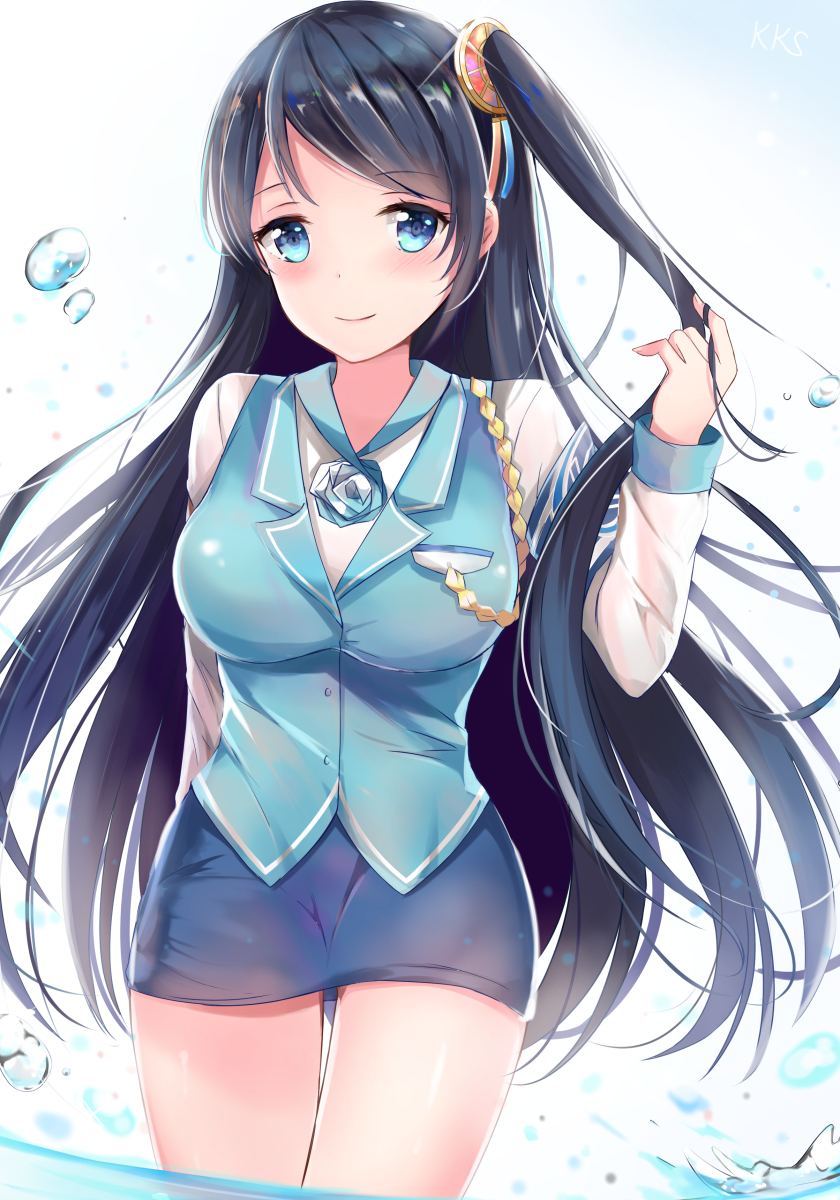 Safebooru - 1girl armband black hair blue eyes female highres krt girls long hair looking at ...