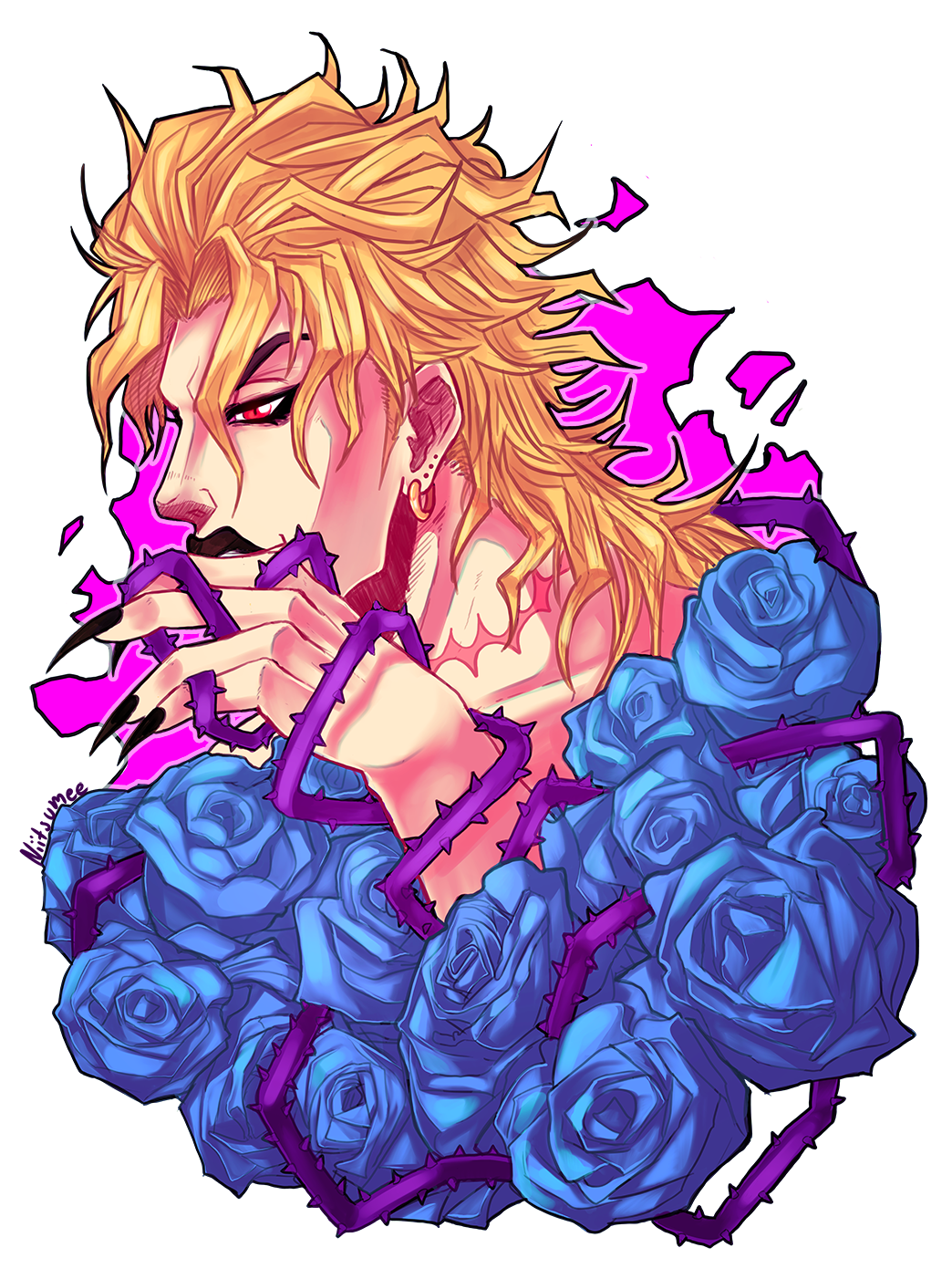 Safebooru - 1boy black fingernails black lipstick blonde hair blue rose claws dio brando flower ...