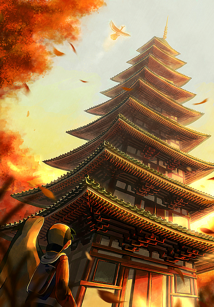 Safebooru - 1boy 2others animal architecture bird east asian ...