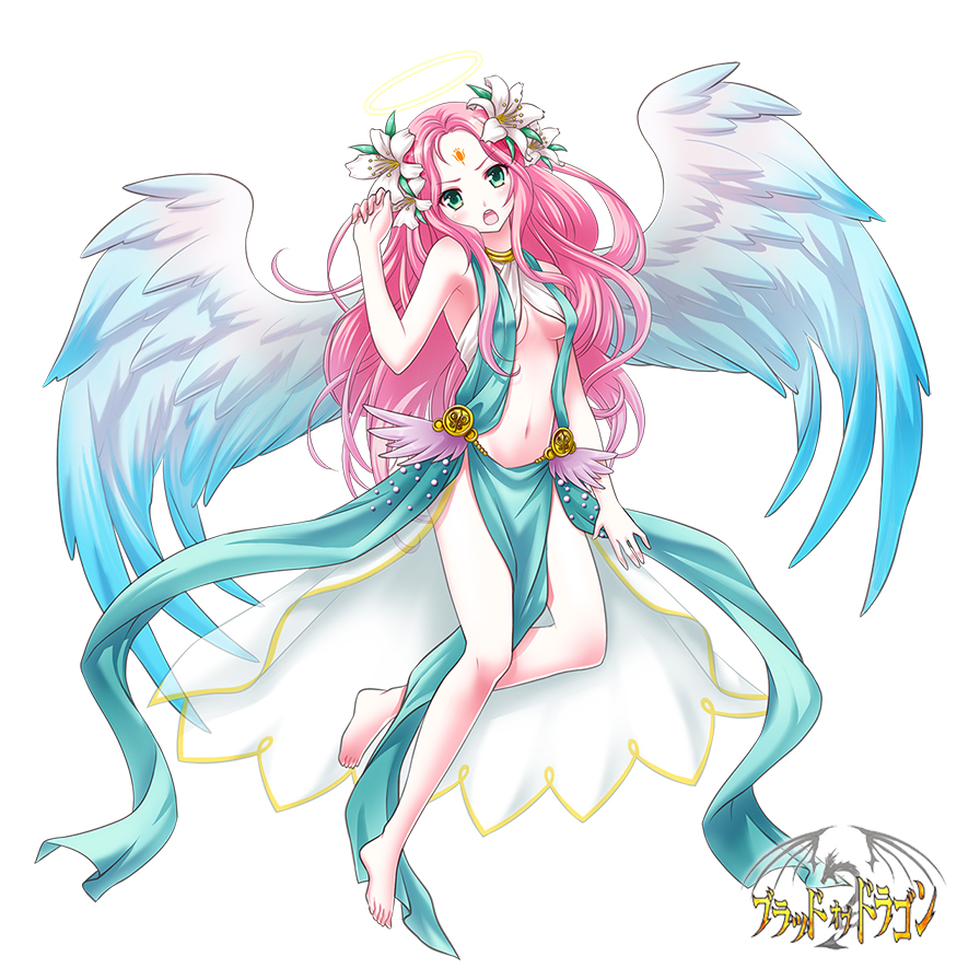 Safebooru - 1girl angel angel wings bare legs barefoot dress facial mark fantasy floating flower ...