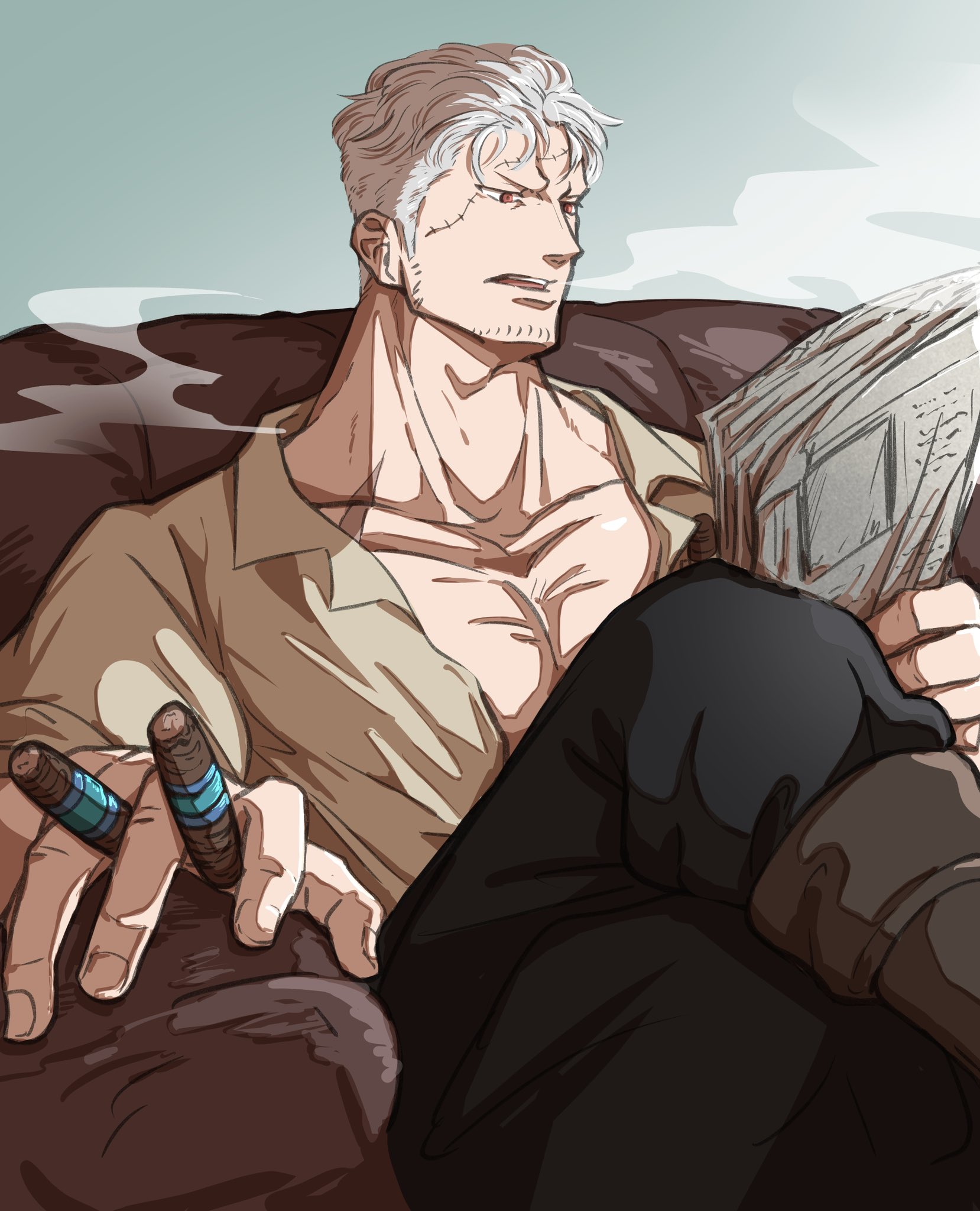 Safebooru - 1boy beard stubble black pants boots brown footwear cigar commentary request couch ...