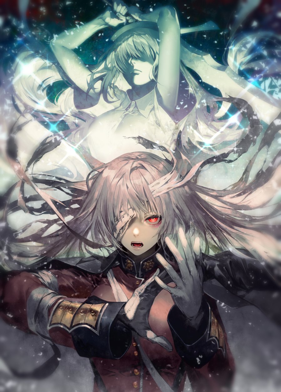 Safebooru - 2girls bandage over one eye bandages between breasts black coat breasts coat coat on ...