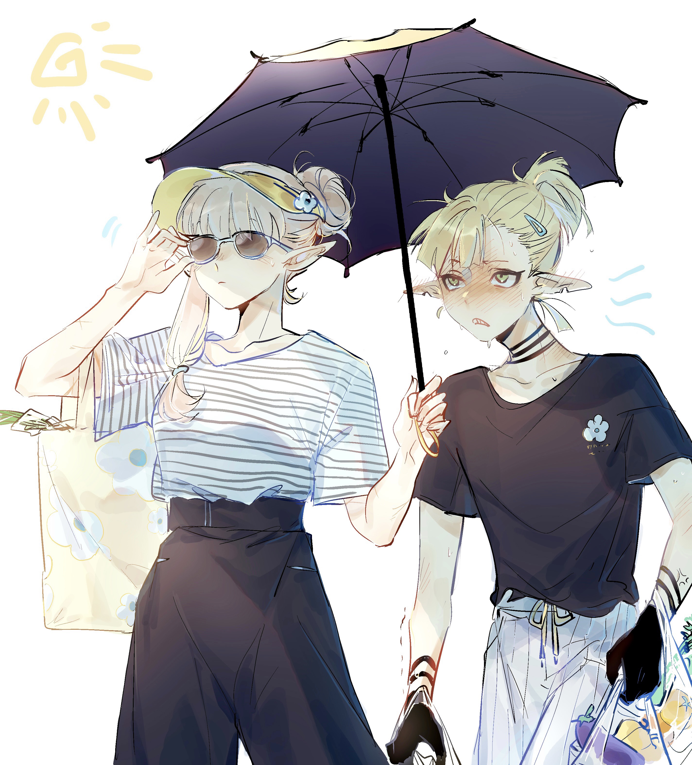 Safebooru - 1boy 1girl absurdres adjusting eyewear bag blonde hair blush contemporary cowboy ...