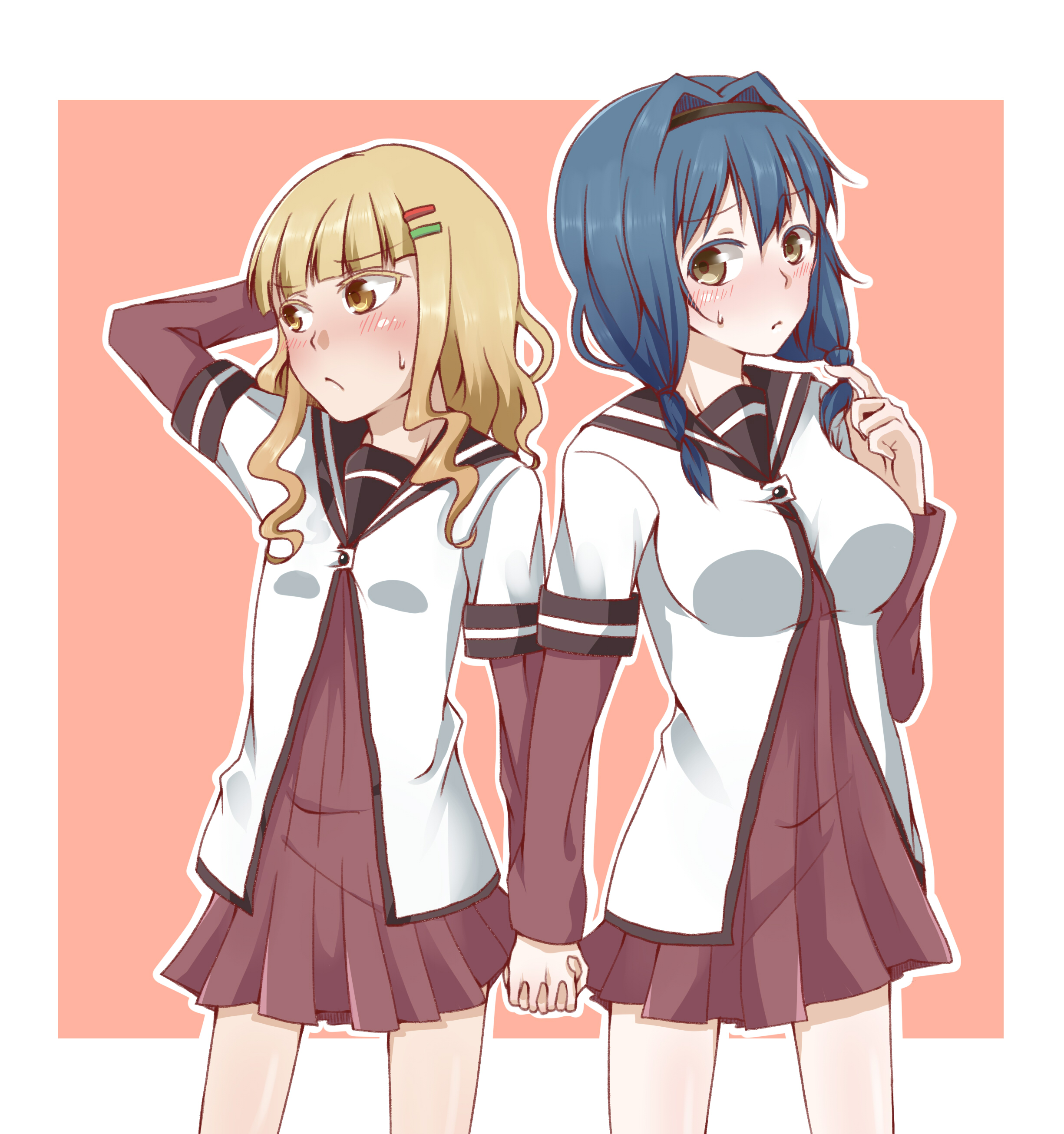 Safebooru - 2girls absurdres blonde hair blue hair blush breasts furutani himawari hair ornament ...