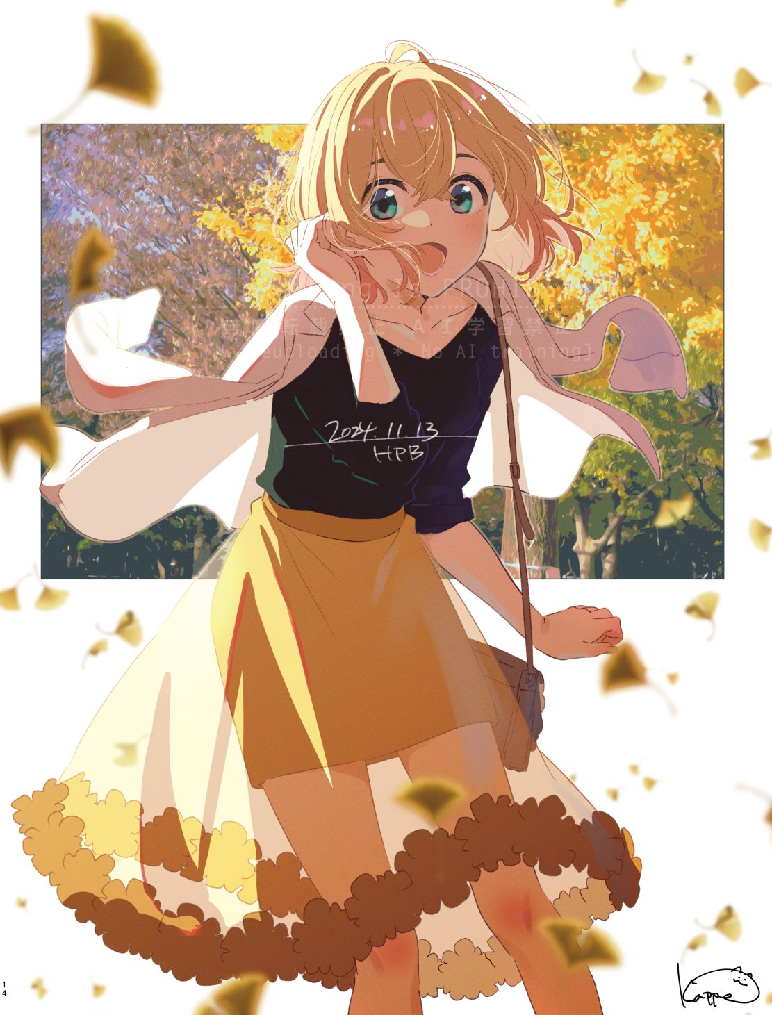 Safebooru - 1girl aqua eyes autumn autumn leaves bag black shirt blonde hair coat collarbone ...