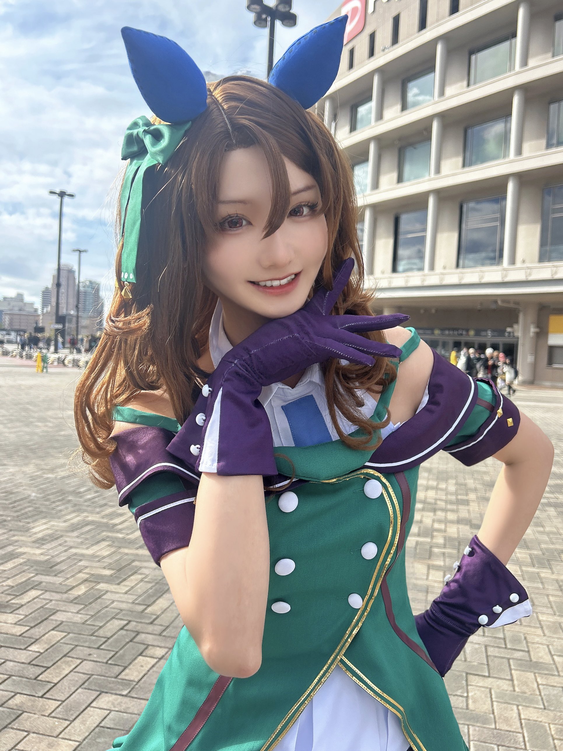 Safebooru - 1girl absurdres animal ears baku cos02 bow brown hair building cosplay cosplay photo ...