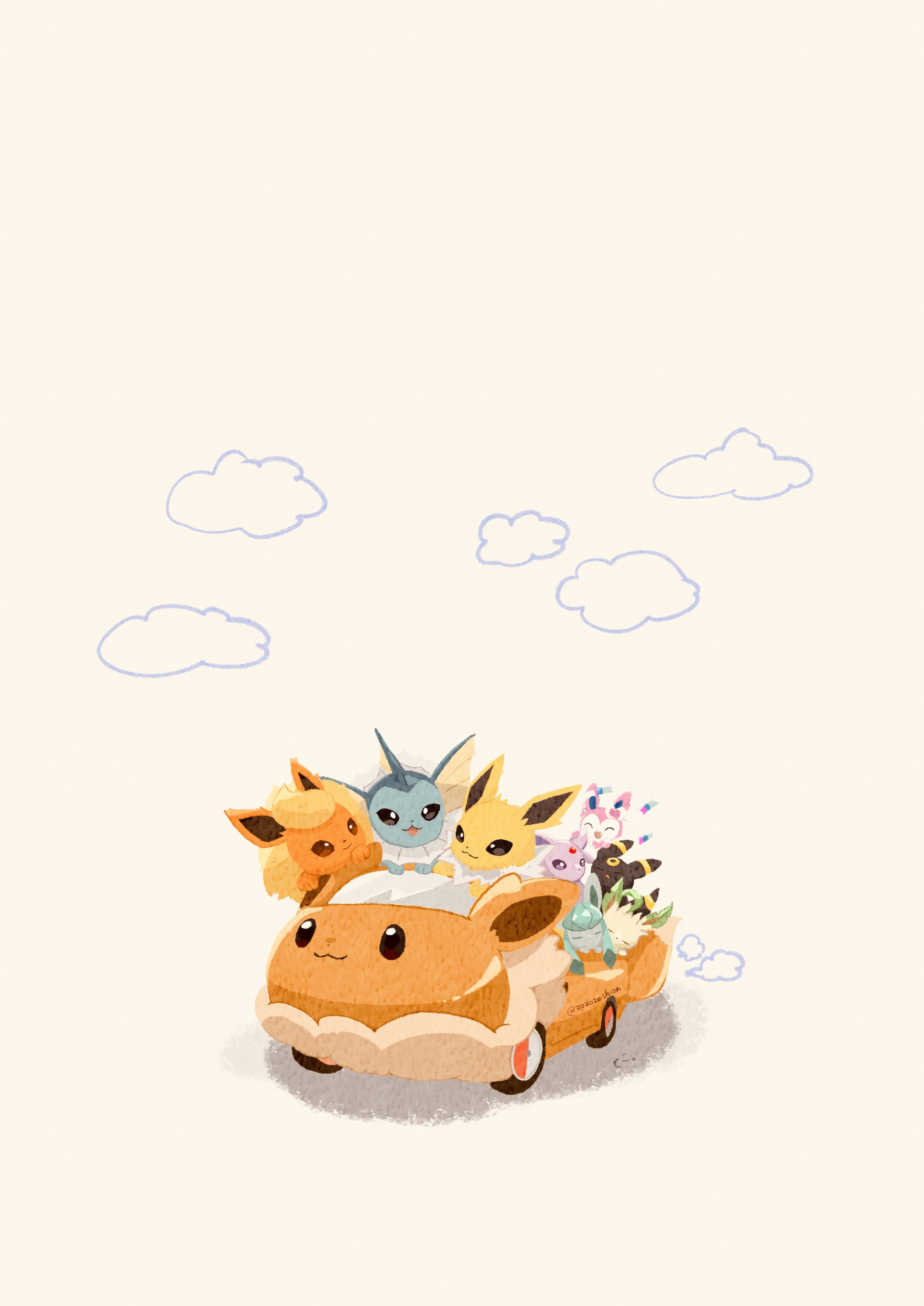 Safebooru - absurdres black eyes bright pupils brown eyes car closed eyes clouds eevee espeon ...