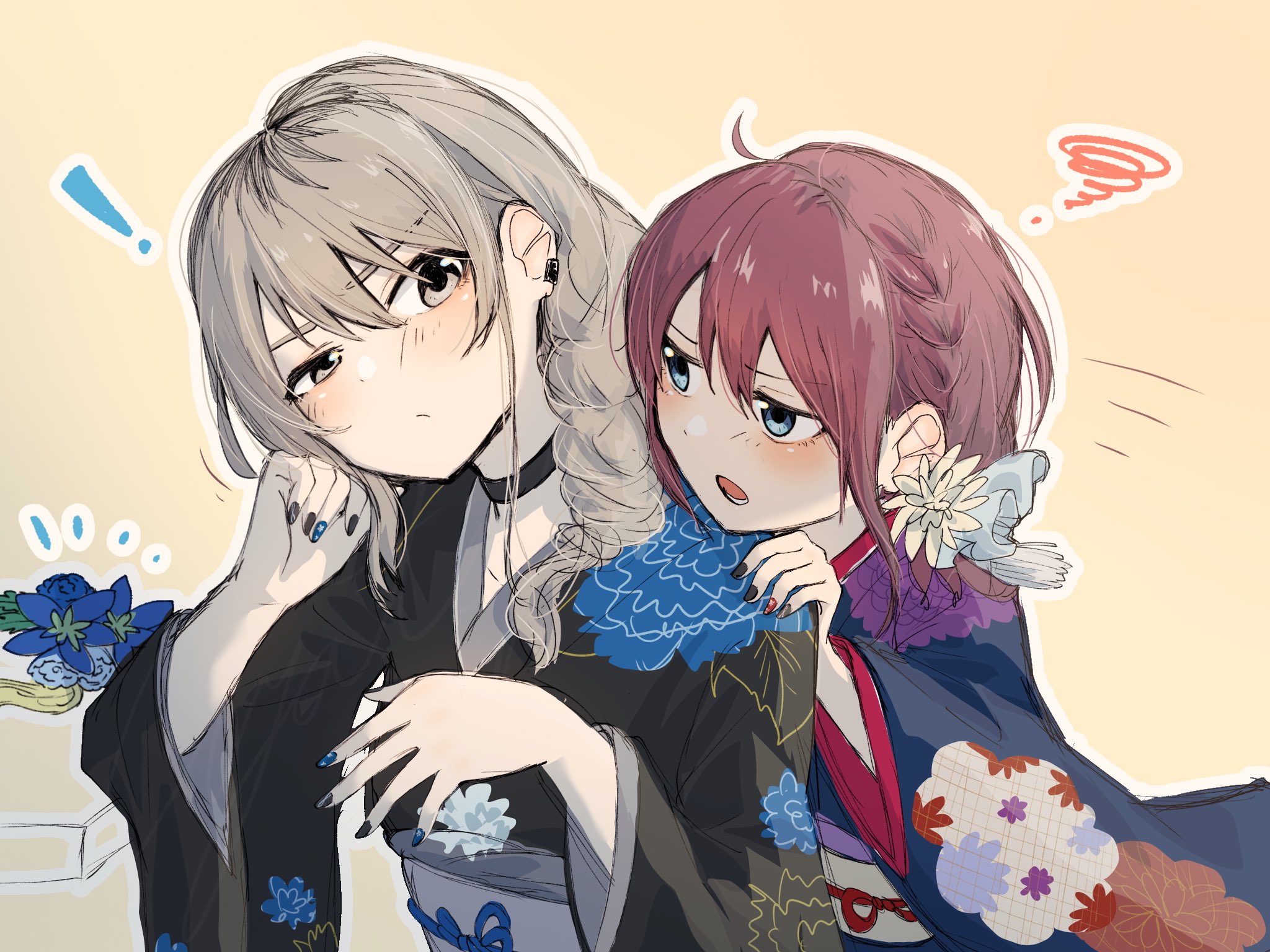 Safebooru - 2girls ayataka syumimi black choker black kimono black nails blue eyes blue kimono ...