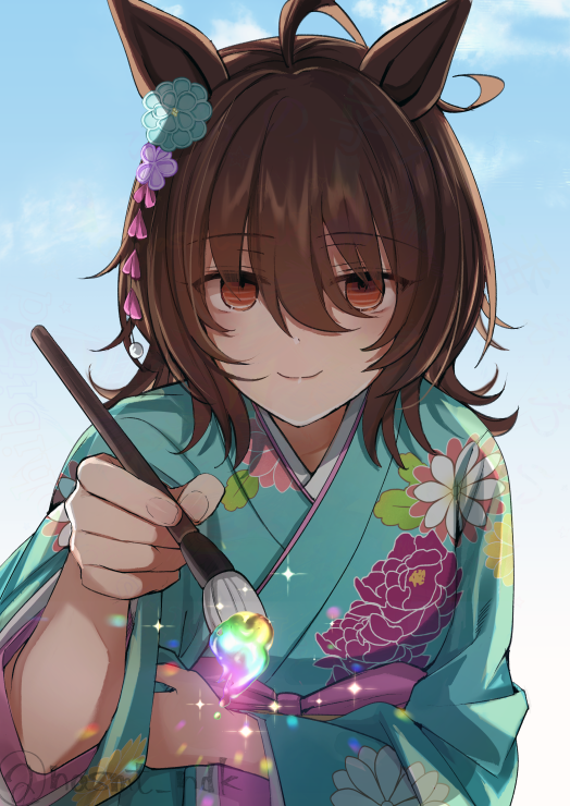 Safebooru - 1girl agnes tachyon (umamusume) ahoge alternate costume animal ears aqua kimono blue ...