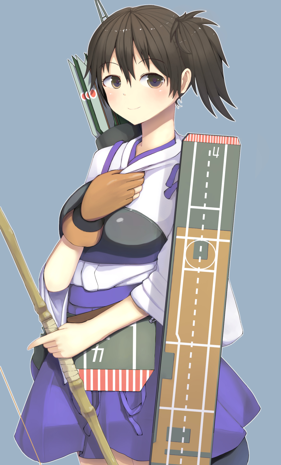 Safebooru - 1girl black hair blue background blue skirt bow (weapon) brown eyes cowboy shot ...