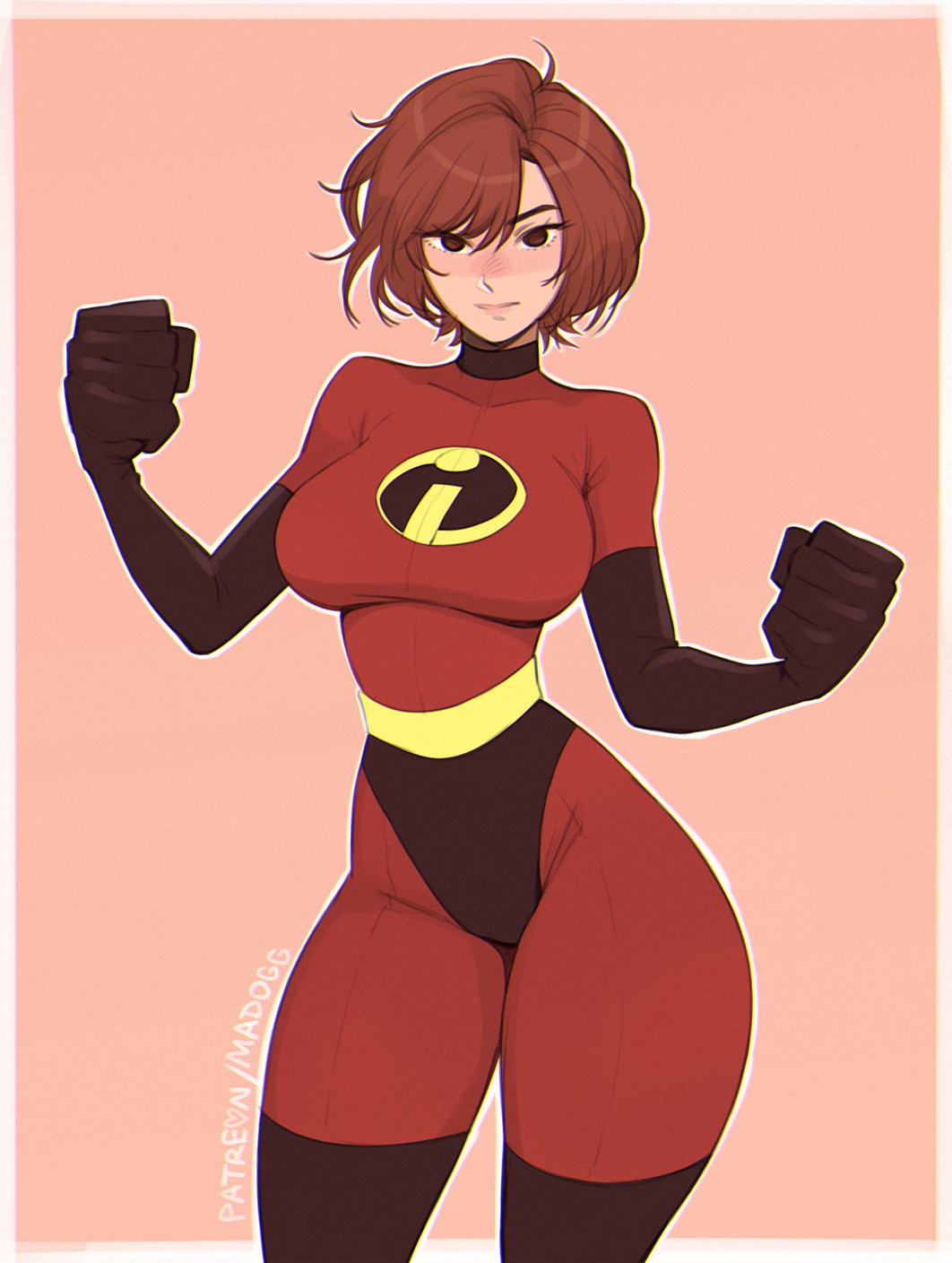 Safebooru - 1girl black gloves bodysuit boots breasts brown eyes brown hair elastigirl elbow ...