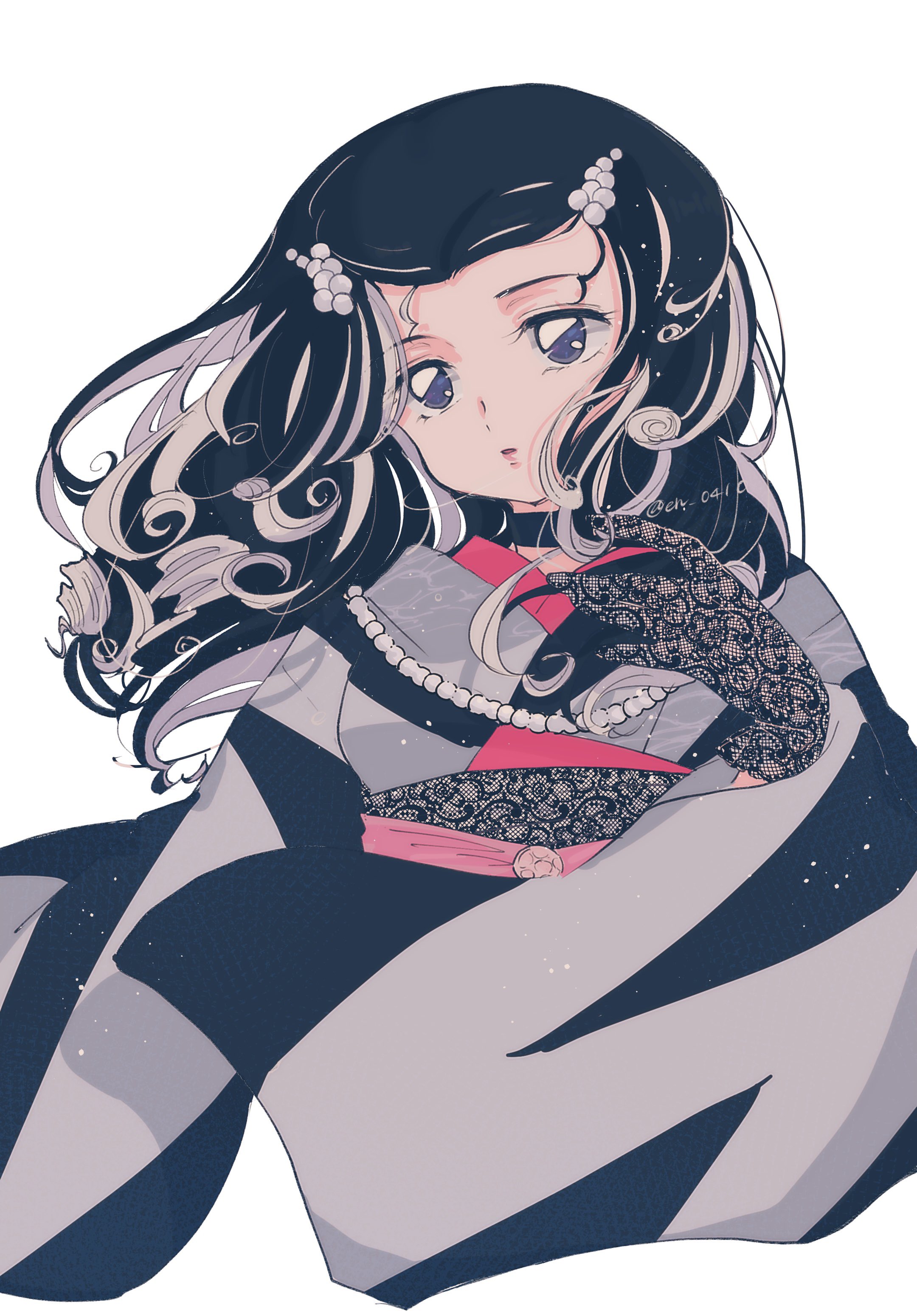 Safebooru - 1girl absurdres artist name black choker black gloves black hair black kimono choker ...