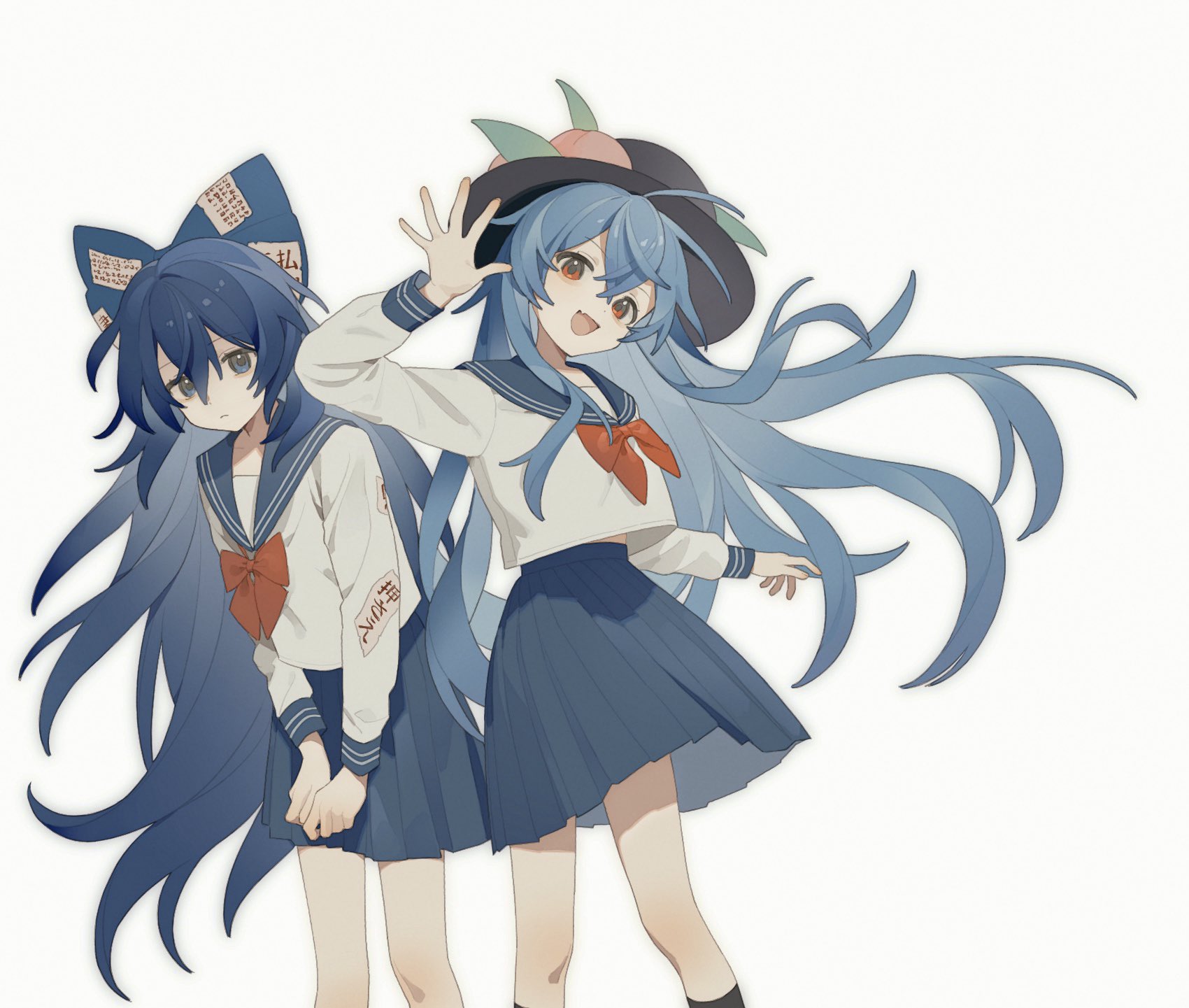Safebooru - 2girls :d black hat blue bow blue eyes blue hair blue sailor collar blue skirt bow ...