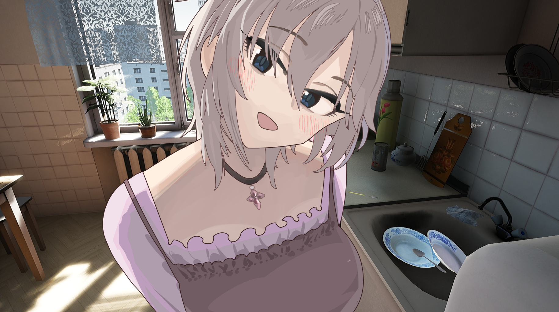 Safebooru - 1girl 3d background anastasia (idolmaster) blue eyes blush commentary request grey ...