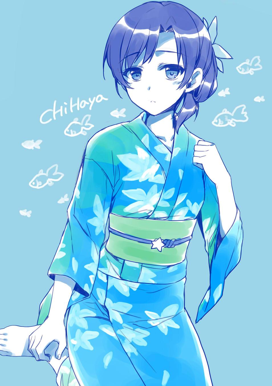 Safebooru - 1girl alpha (yukai na nakamatachi) blue hair blush character name folded ponytail ...