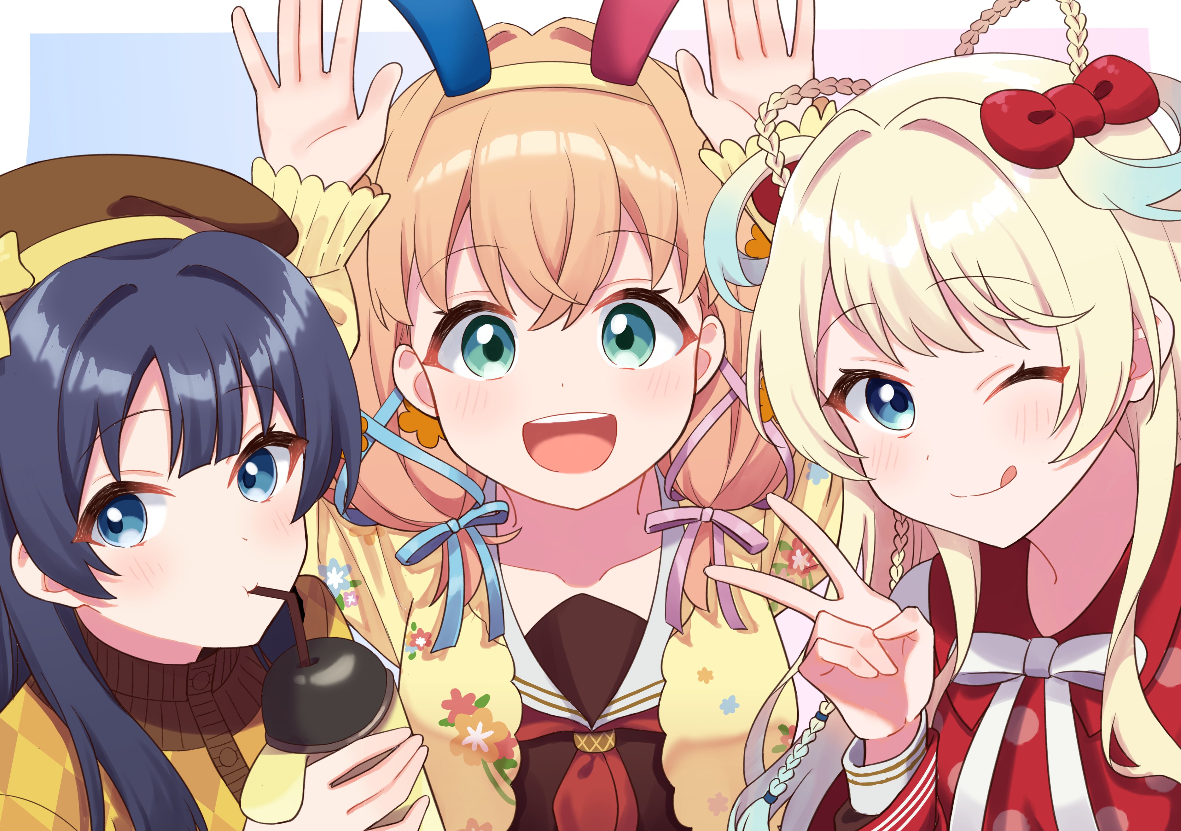 Safebooru - 3girls :d ;) ;q absurdres animal ear hairband animal ears aqua eyes argyle clothes ...