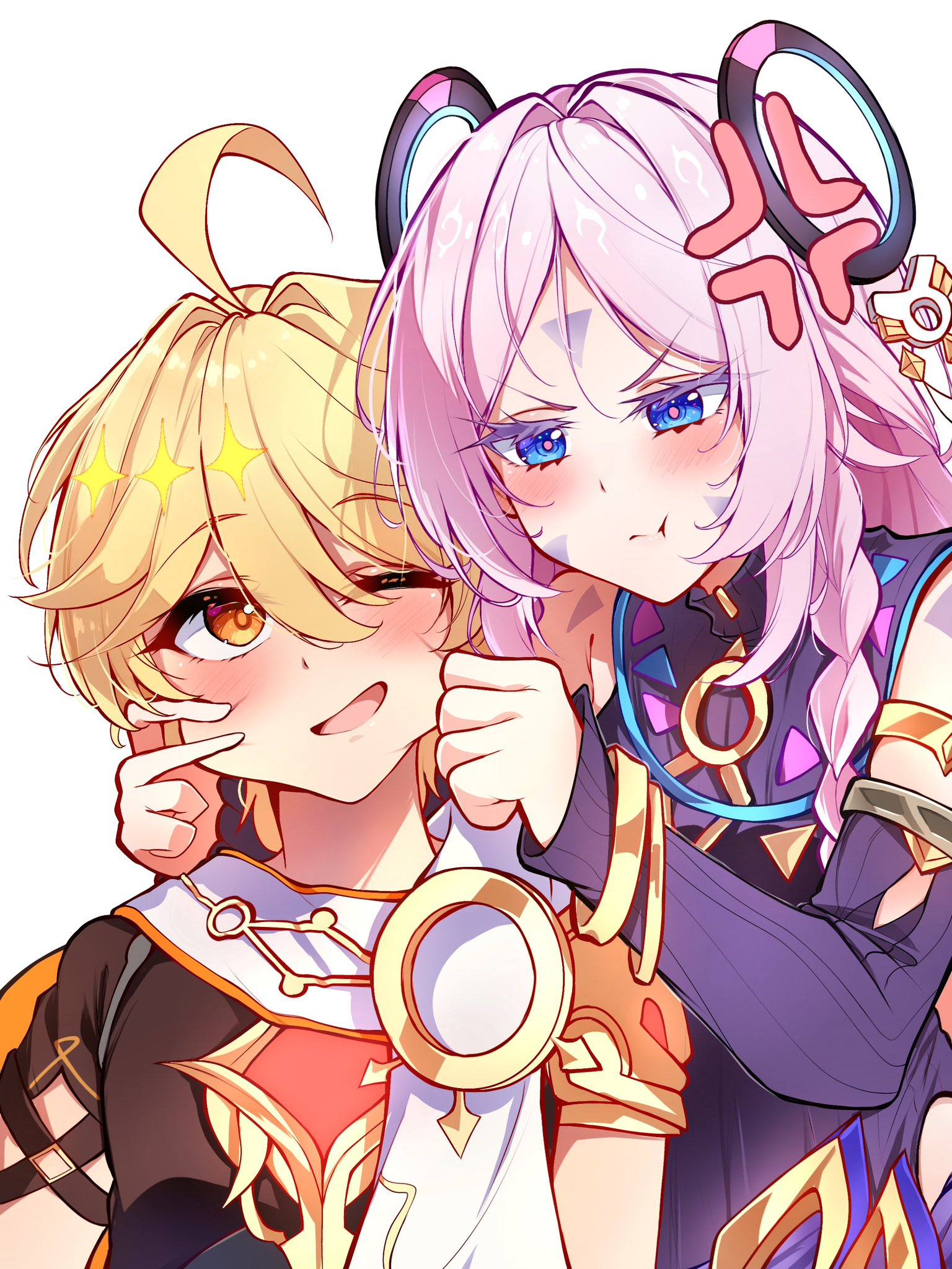 Safebooru - 1boy 1girl aether (genshin impact) ahoge anger vein blonde hair blue eyes blush ...
