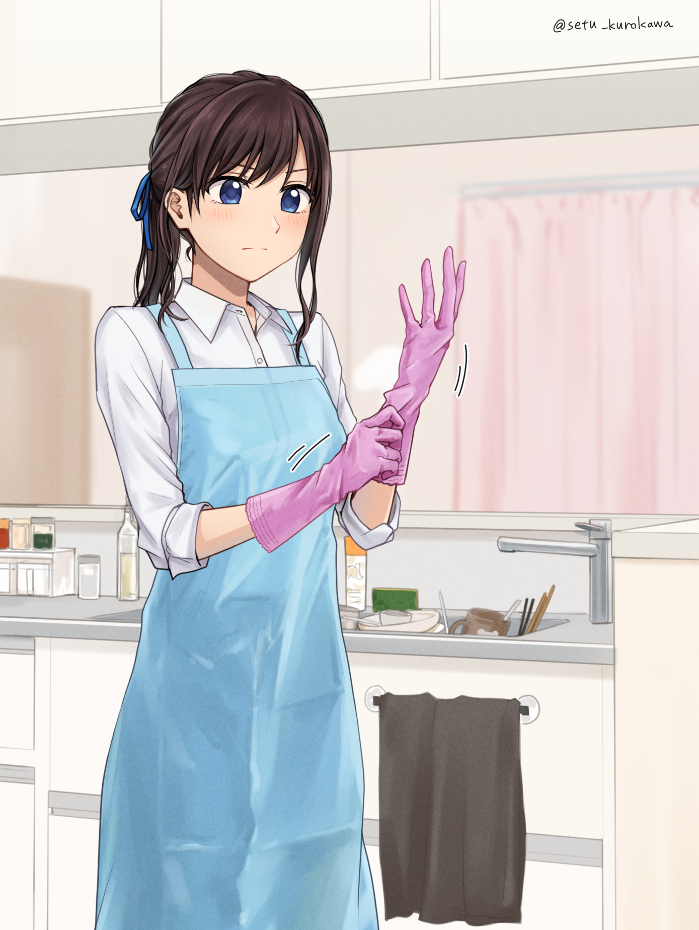 Safebooru - 1girl adjusting clothes adjusting gloves apron blue apron blue eyes blue ribbon ...