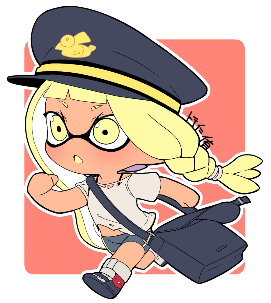 Safebooru - 1girl bag bike shorts blonde hair blue bag blue hat blue shorts boots braid chibi ...