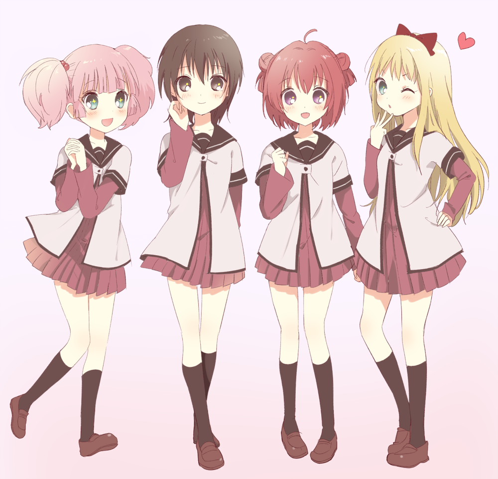 Safebooru - 4girls :d ahoge akaza akari black legwear blonde hair blue eyes bow brown eyes brown ...