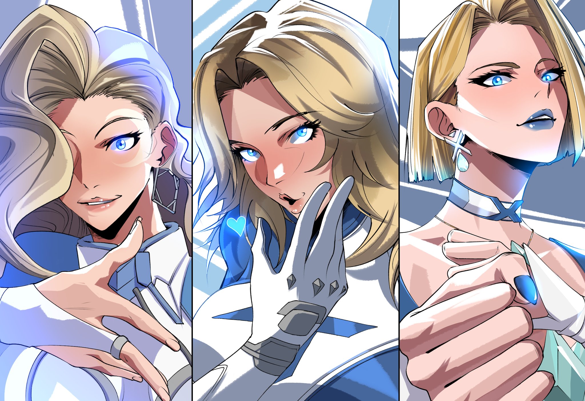 Safebooru - 3girls blonde hair blue eyes blue nails bodysuit character ...