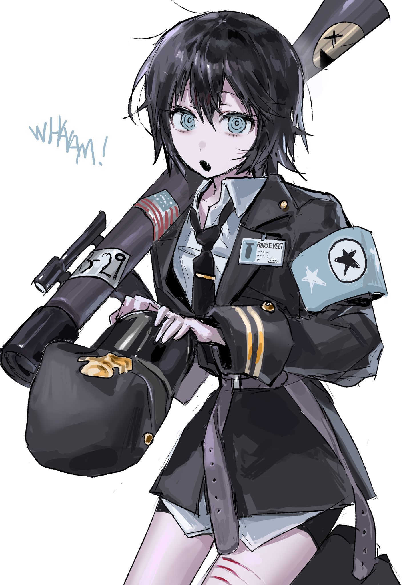 Safebooru - 1girl :o american flag armband belt black hair black hat black jacket black necktie ...