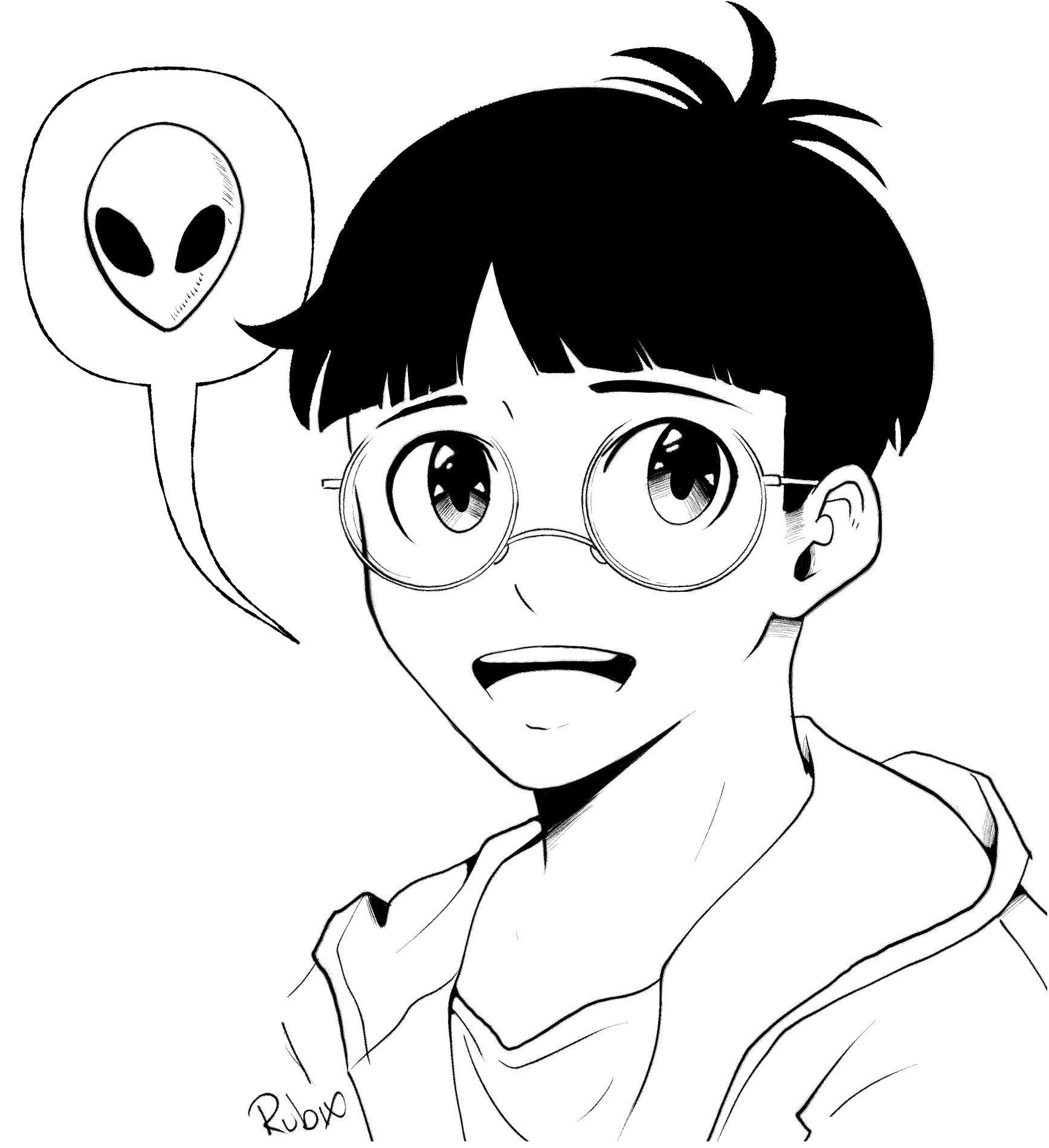 Safebooru - black hair bowl cut dandadan glasses greyscale happy ...