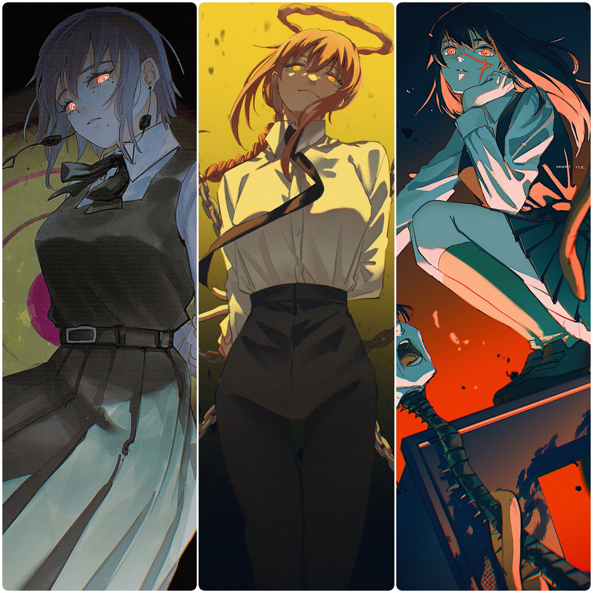 Safebooru - 3girls arm behind back belt black background black dress black hair black necktie ...