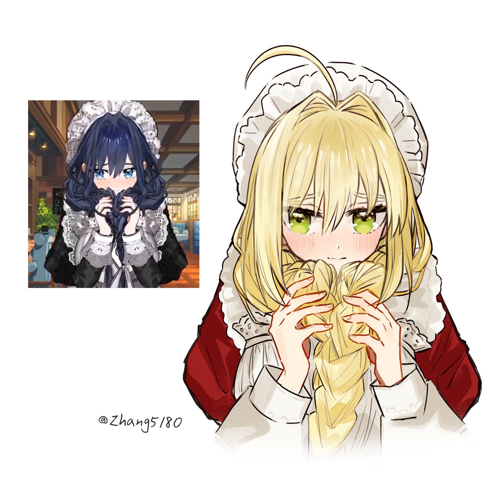 Safebooru - ahoge alternate costume apron blonde hair blush braid cosplay creator connection ...