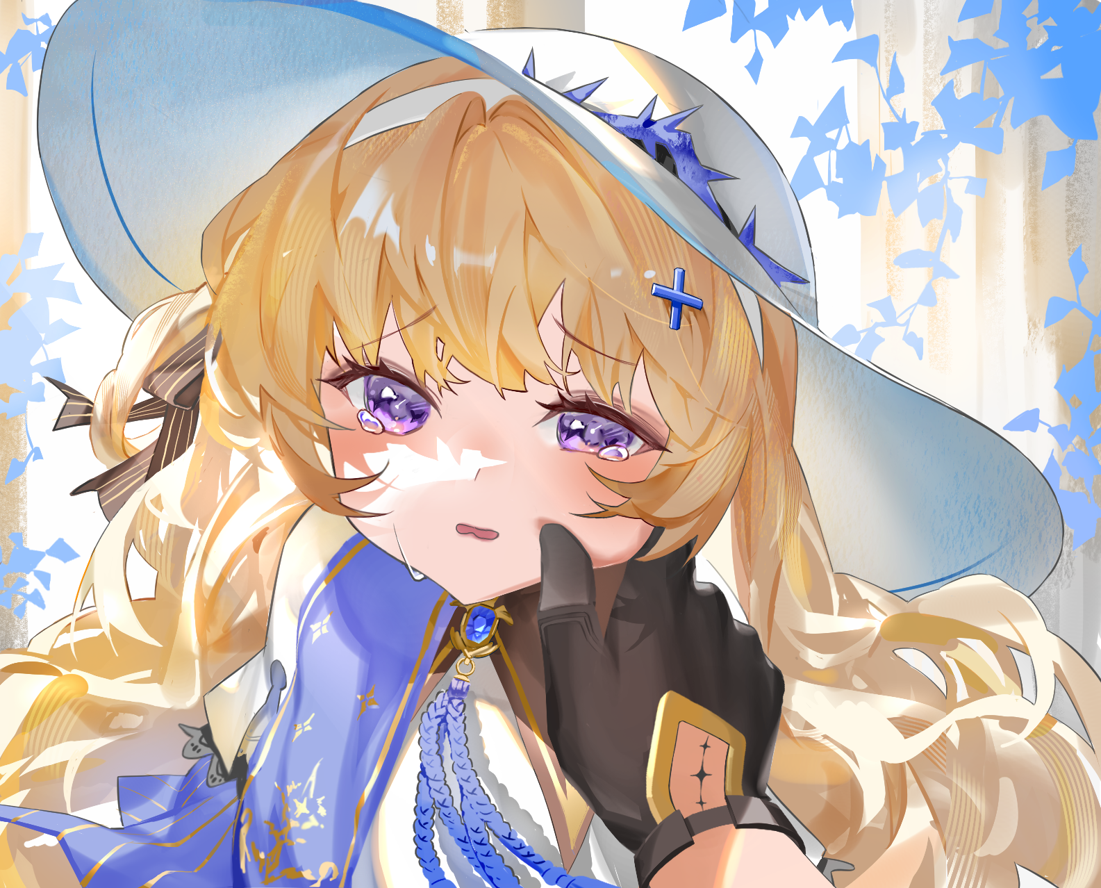 Safebooru - 1boy 1girl black bow black collar black gloves blonde hair blue gemstone blue sash ...
