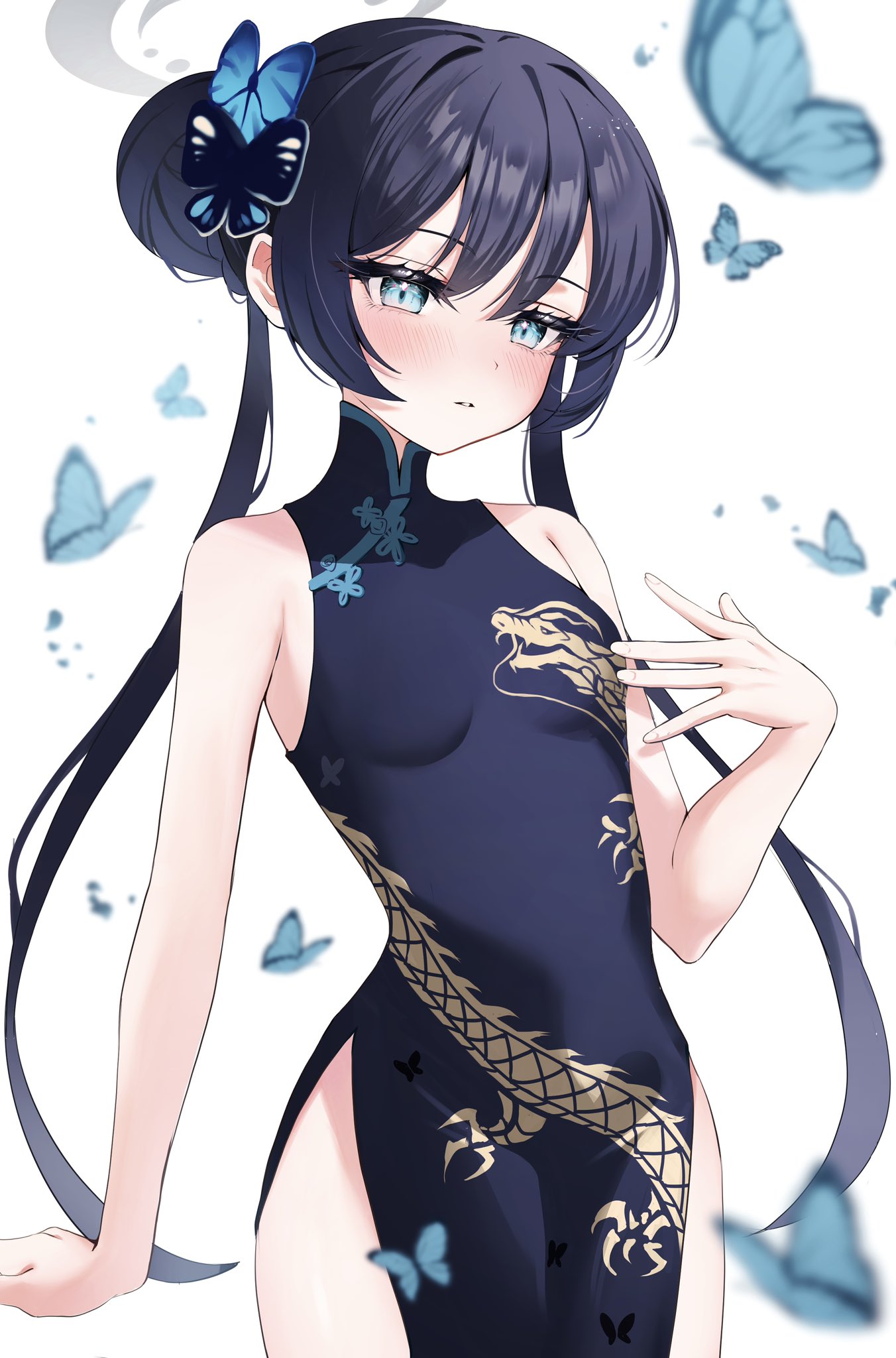 Safebooru - 1girl arm at side bare shoulders black dress black hair blue archive blue butterfly ...